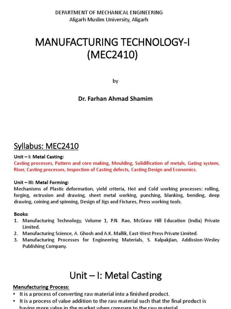 Unit 1 Manufacturing Technology | PDF | Casting (Metalworking ...