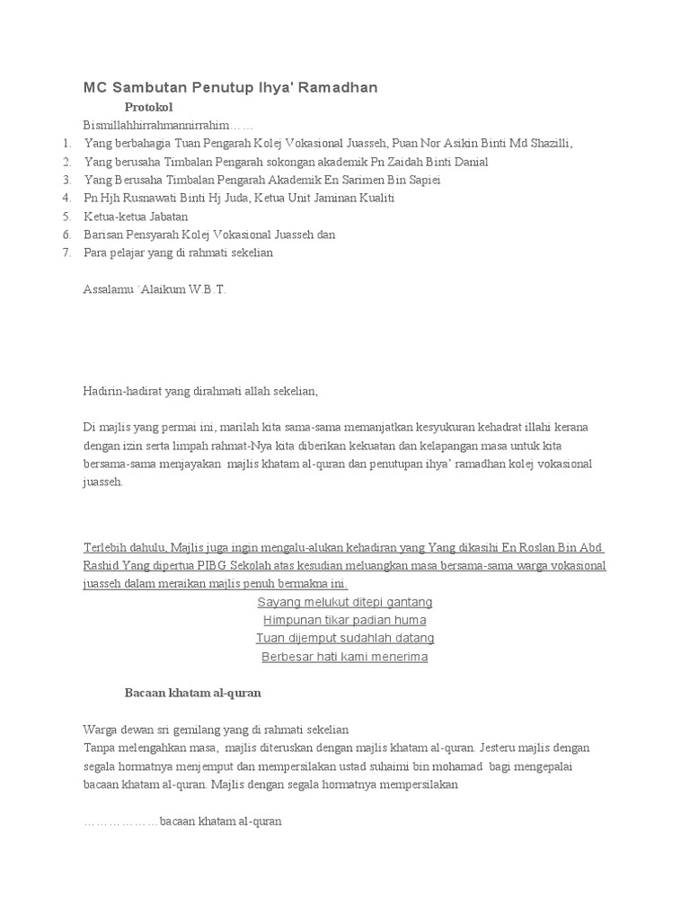 TEKS PENGACARA MAJLIS IHYA RAMADHAN Sambutan Penutup Ihya | PDF | Karier & Perkembangan | Agama ...
