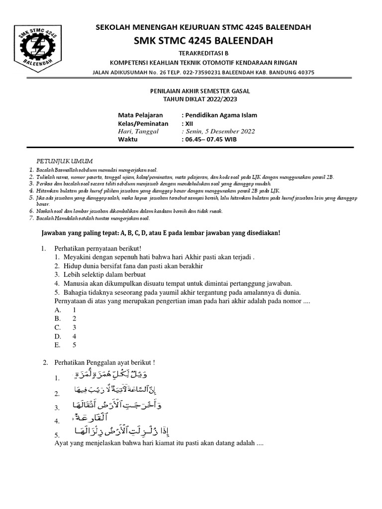 Soal Pas Pai Dan BP Kelas Xii k13 | PDF