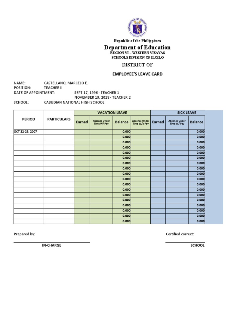 Leave Card | PDF | Leave Of Absence | Working Time