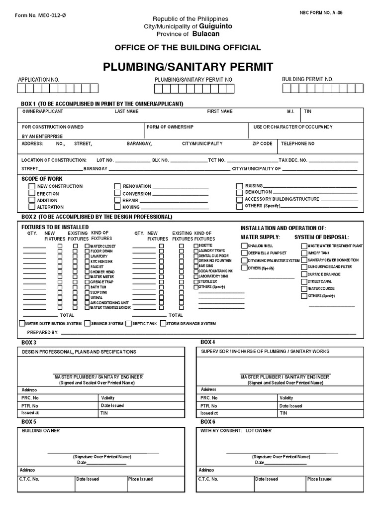 Plumbing Sanitary Permit Form | PDF | Sanitation | Plumbing Plumbing Sanitary Permit Form | PDF | Sanitation | Plumbing