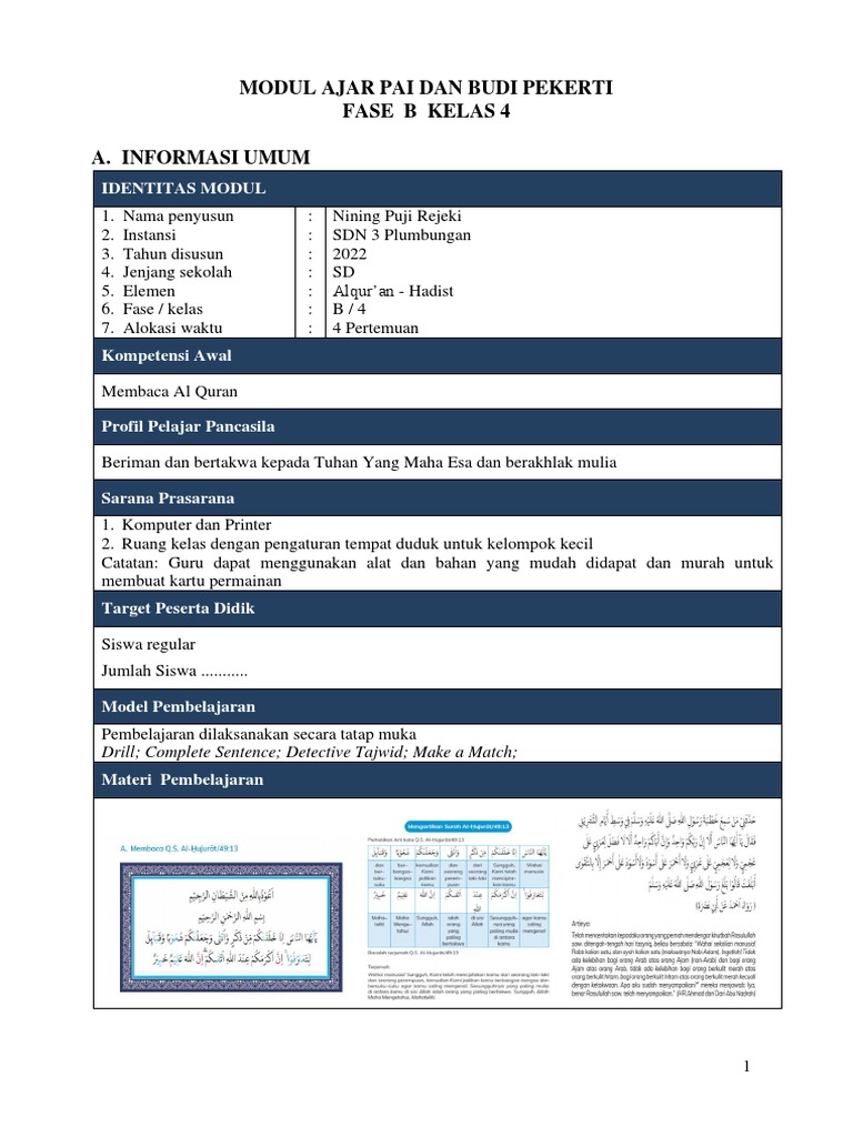 Modul Ajar Qurdis Kelas 4 | PDF