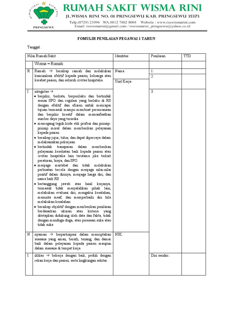 FOMULIR PENILAIAN PEGAWAI 1 TAHUN RSK | PDF