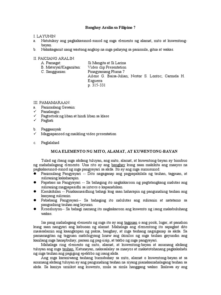 Banghay Aralin Sa Filipino 7 | PDF