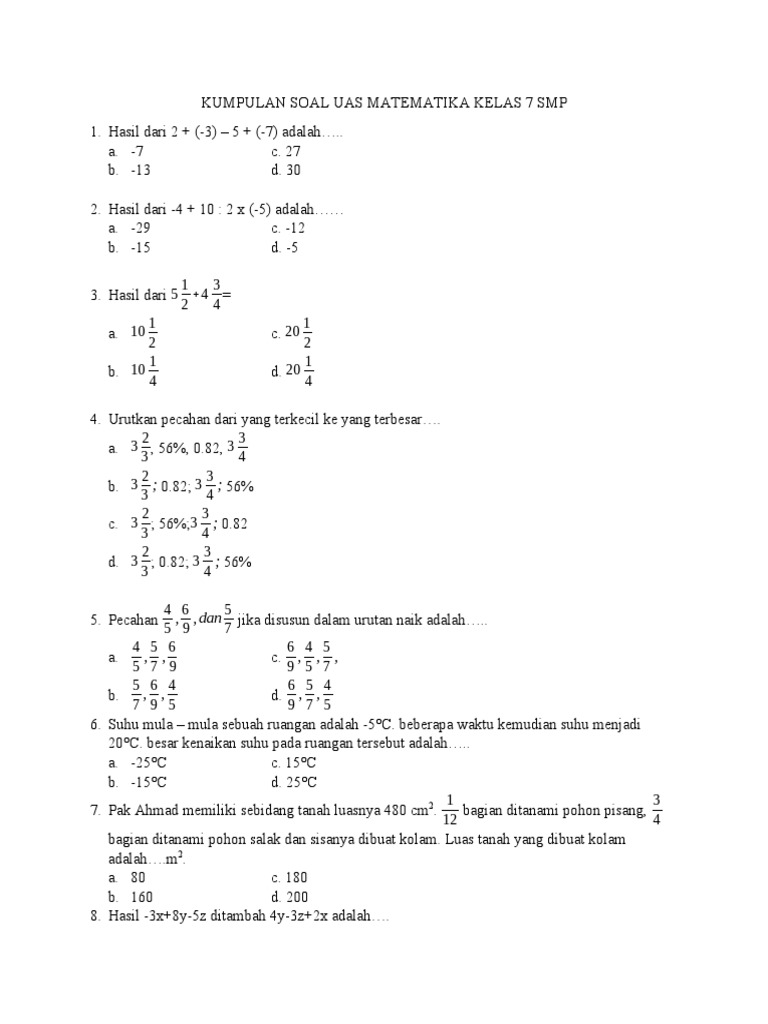 Soal UAS Matematika Kelas 7 SMP | PDF