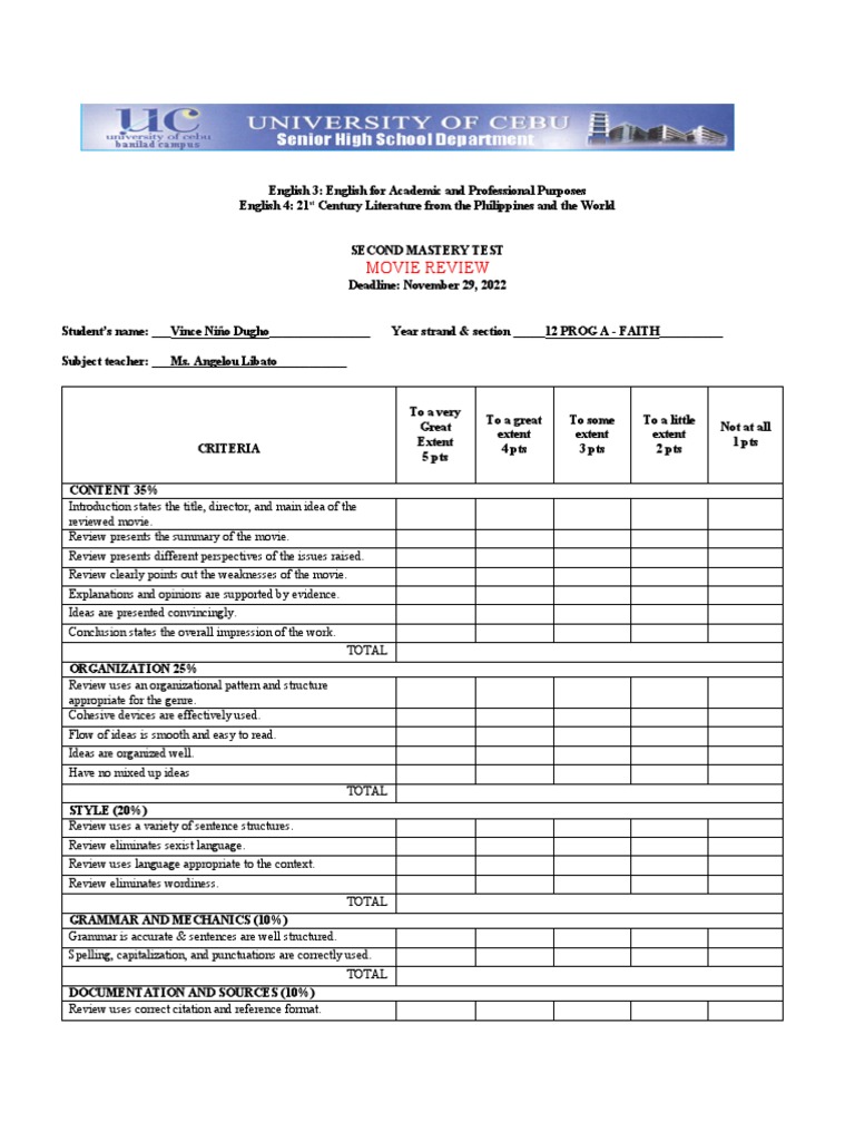 Movie Criteria | PDF | English Language | Cognitive Science