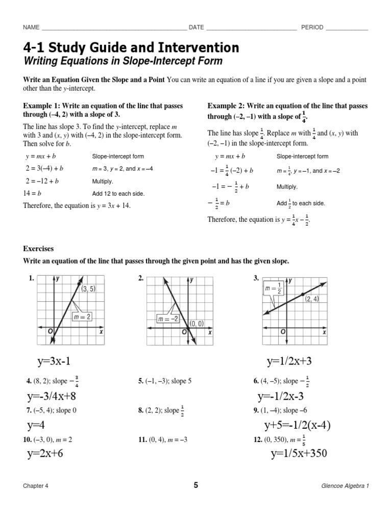 Slope-Intercept Form Equations Guide | PDF