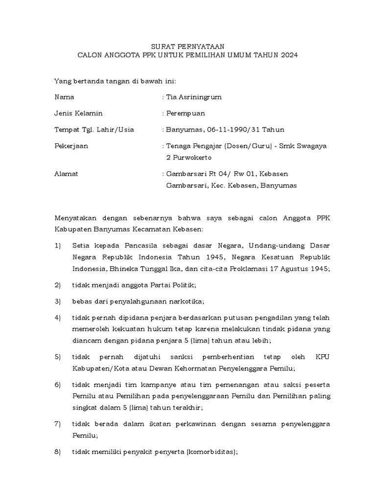 Surat - Pernyataan PKK | PDF