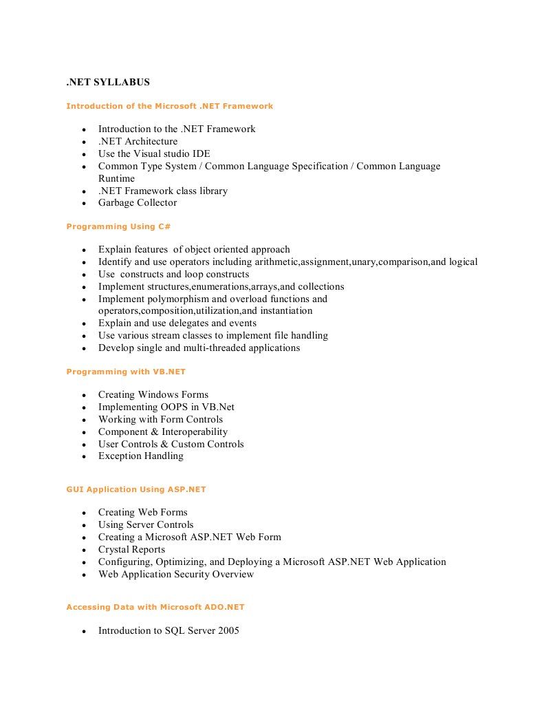 Dotnet Syllabus | PDF | Computers