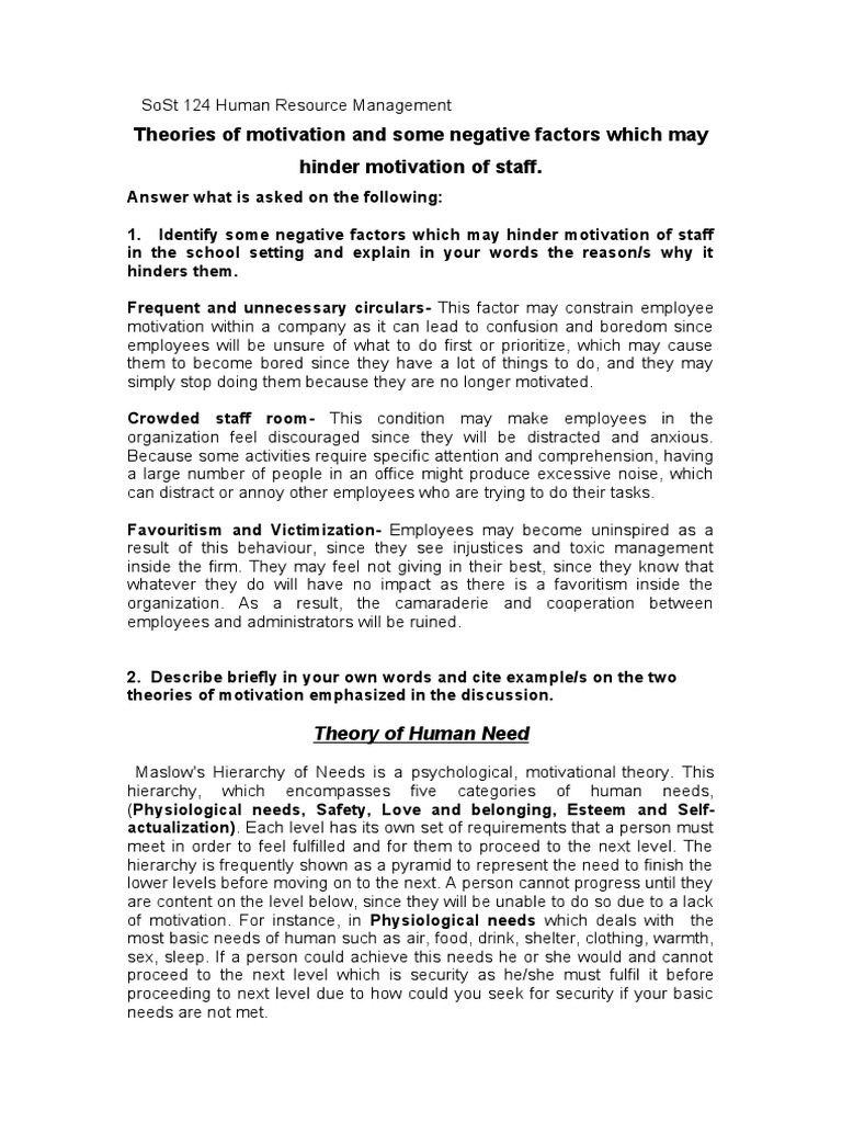 Theories of Motivation and Some Negative Factors Which May Hinder ...