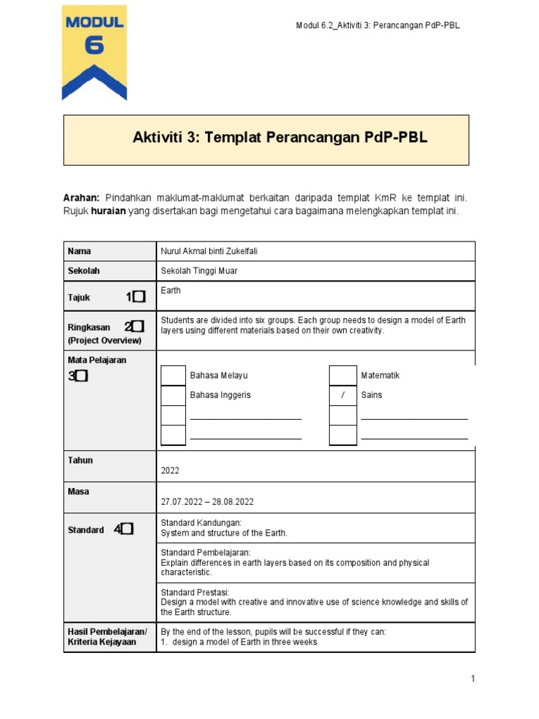 Toolkit 6.2 - Aktiviti 3 Templat Perancangan PDP-PBL (SC) | PDF