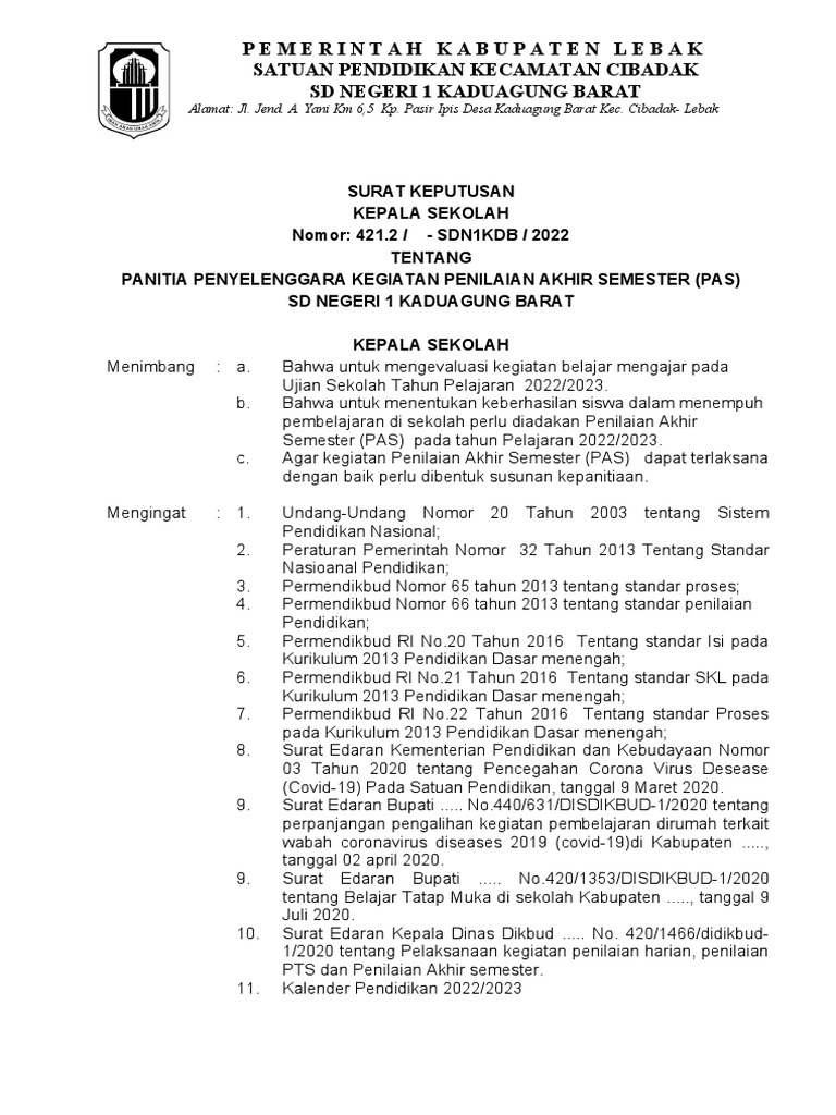 SK Penilaian Akhir Semester Blanko | PDF