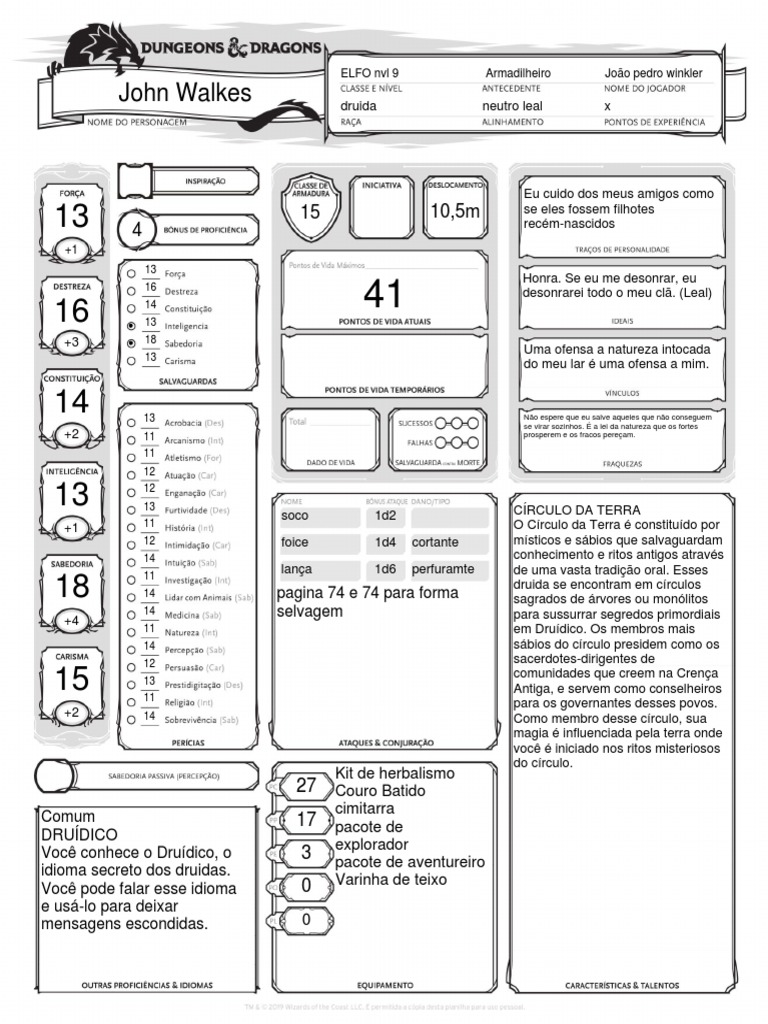 Ficha Oficial D&D 5E Editável John Walkes | PDF | Druida | Elfos
