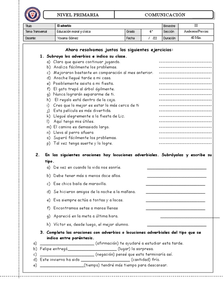 Ejercicios de Adverbios para 6° Primaria | PDF | Adverbio