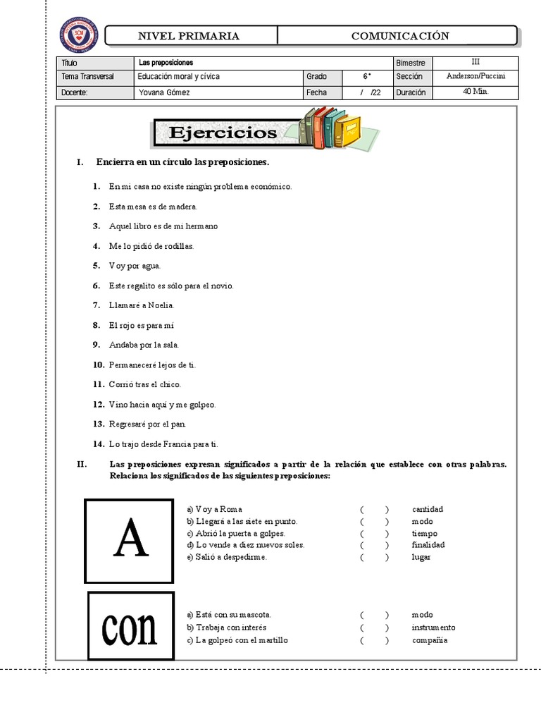 FICHA LAS PREPOSICIONES 6to | PDF