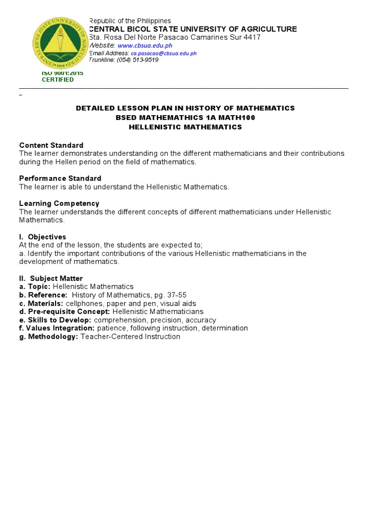 Detailed Lesson Plan in History of Mathematics | PDF