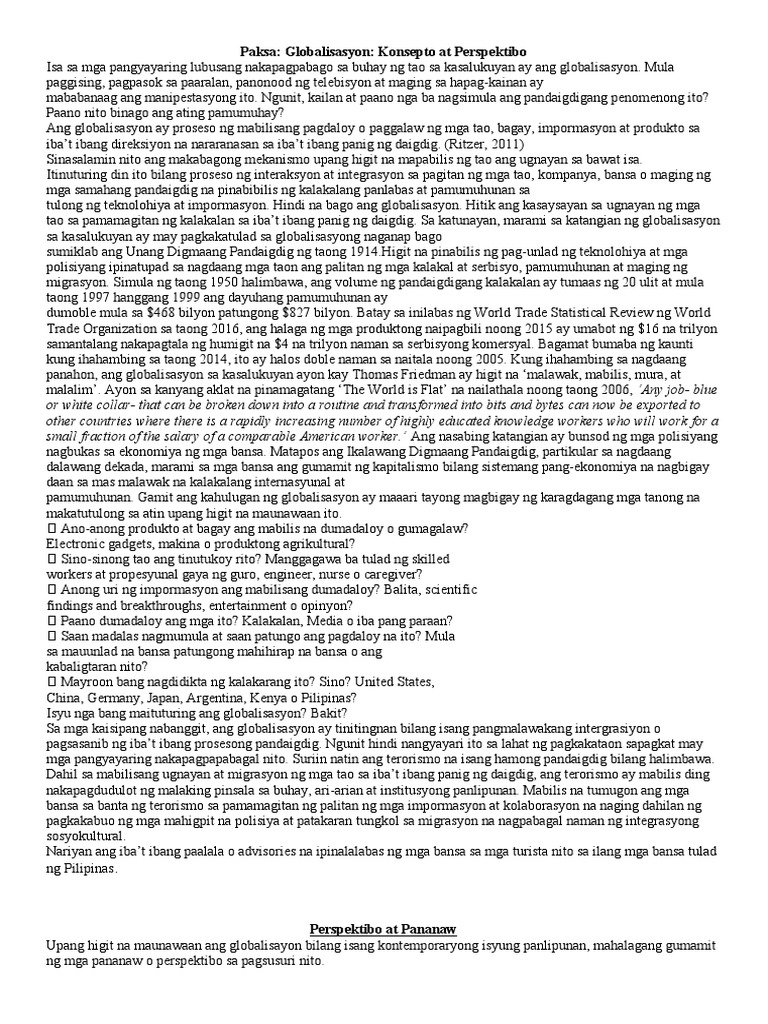 Globalisasyon: Konsepto at Perspektibo | PDF