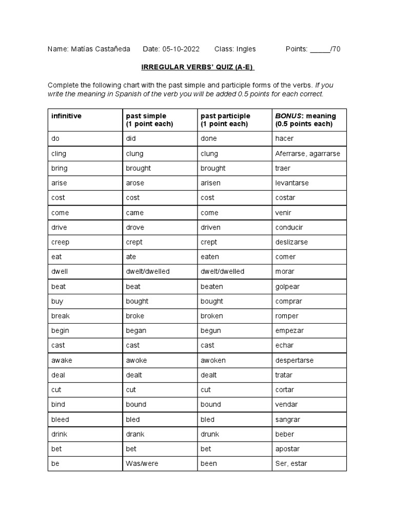 INGLÉS Irregular Verbs Quiz 8vo | PDF | Language Families | Morphology
