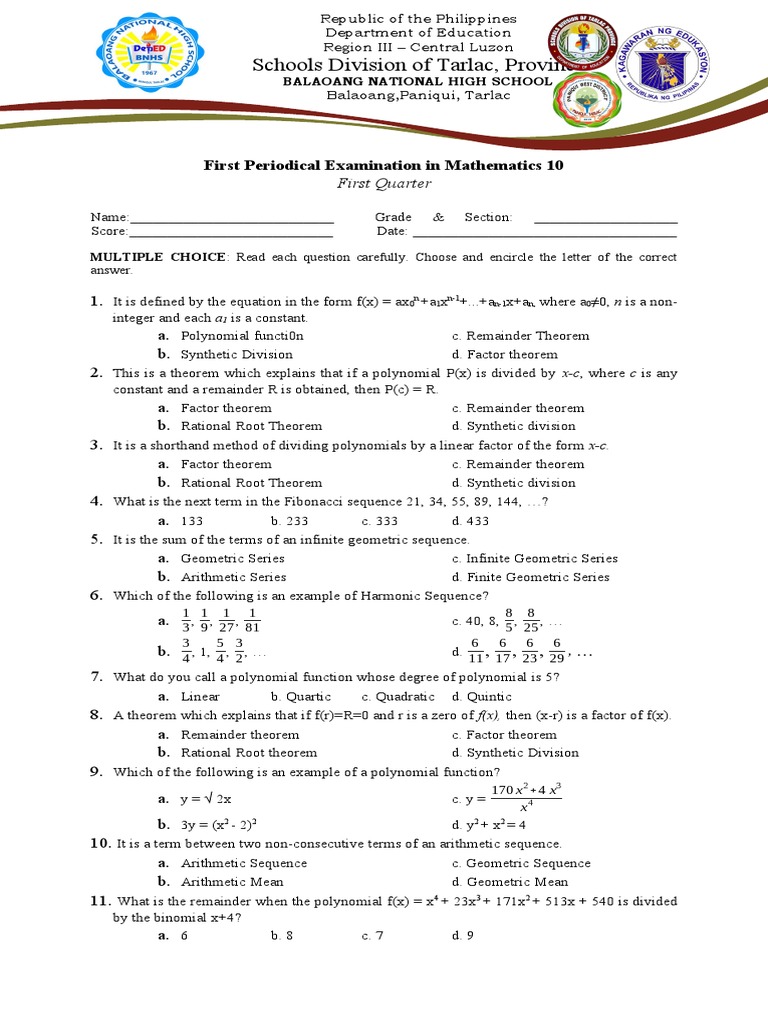 First Periodical Exam Pdf Factorization Polynomial