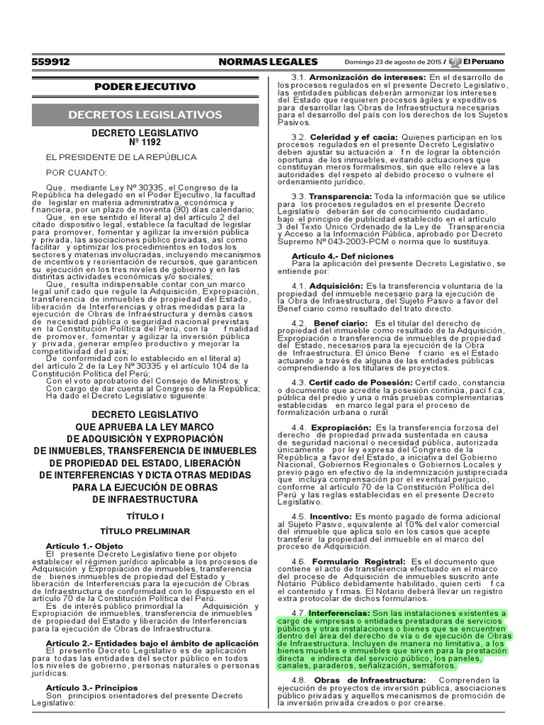 DL 1192 El Peruano Ley Adquisiscion Expropiacion Liberacion ...