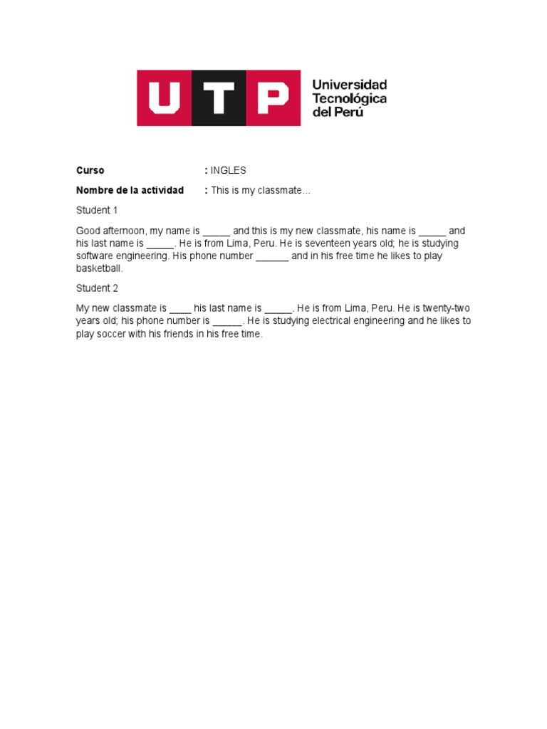 (AC-S04) Week 4 - Task: Assignment - This Is My Classmate... | PDF | Language Arts & Discipline