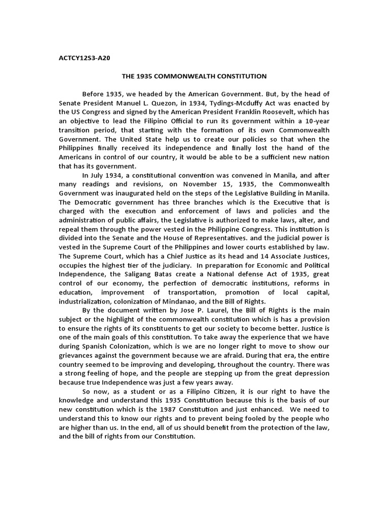 Riph - Assignment 4.2 The 1935 Commonwealth Constitution | PDF | Justice | Crime & Violence