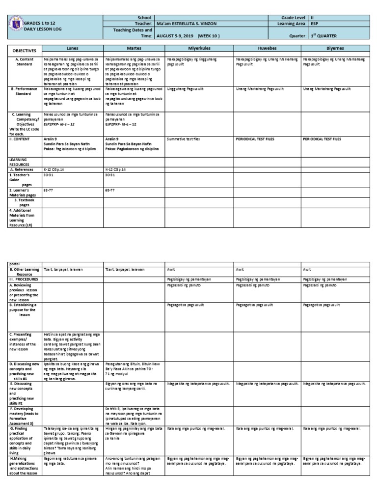 ESP 2 Q1 Week 10 DLL | PDF
