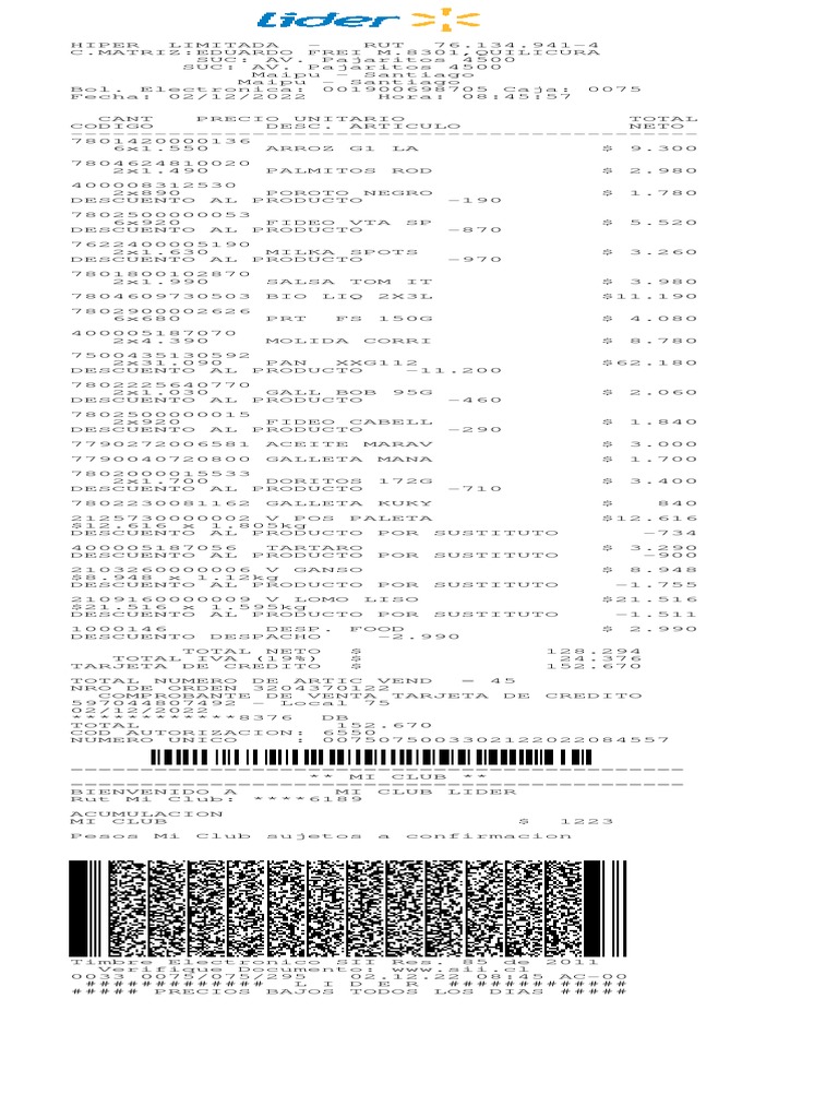 Boleta de compra Supermercado Líder | PDF