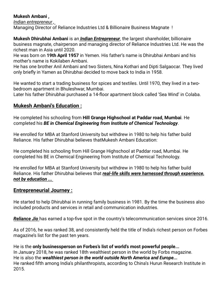 Entrepreneur - Mukesh Ambani | PDF | Economy Of India