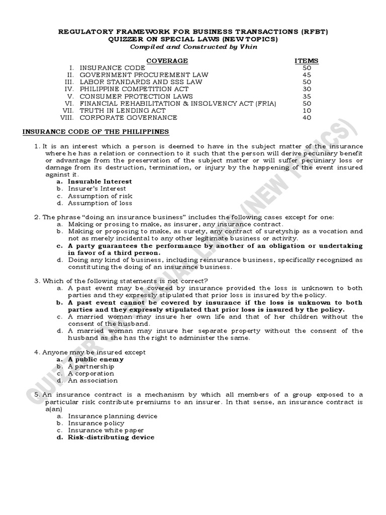 Revised RFBT Quizzer On Special Laws New Topics | PDF | Insurance | Procurement