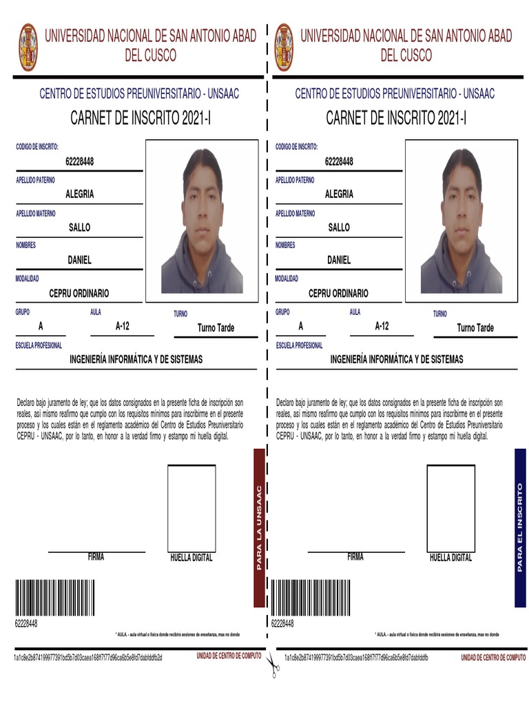 Carnet de Inscripción CEPRU 2021-I | PDF | Informática | Edad de ...