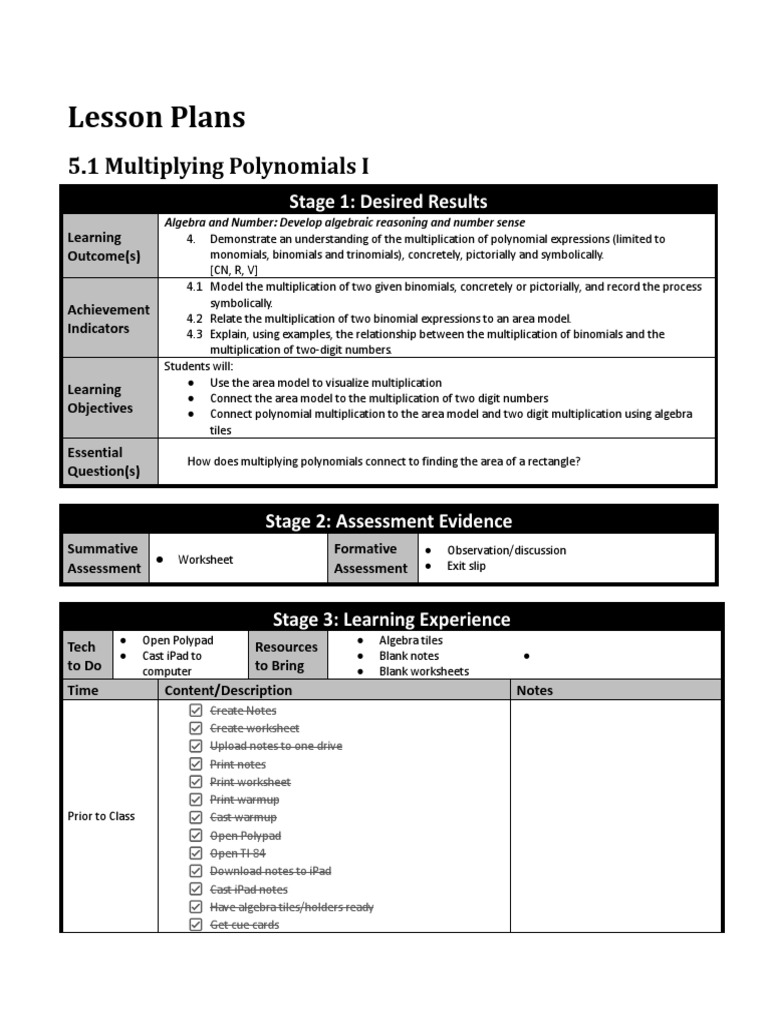 Lesson Plans: 5.1 Multiplying Polynomials I | PDF | Multiplication | Cognition