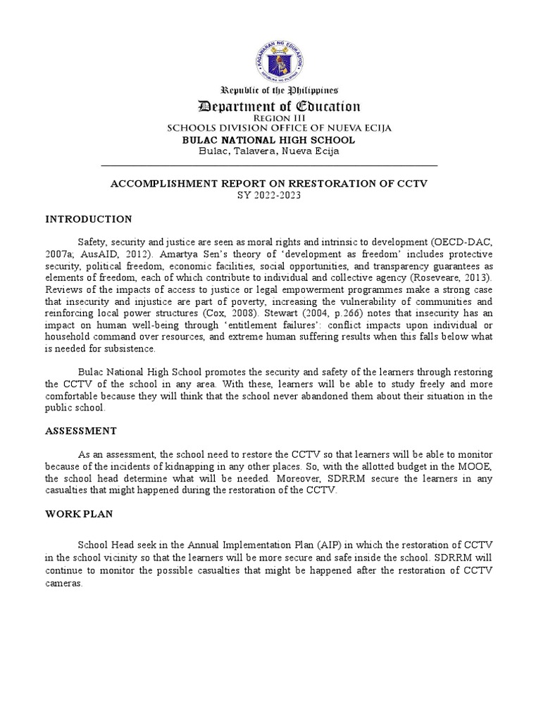CCTV Restoration Report for Bulac High School | PDF | Closed Circuit ...