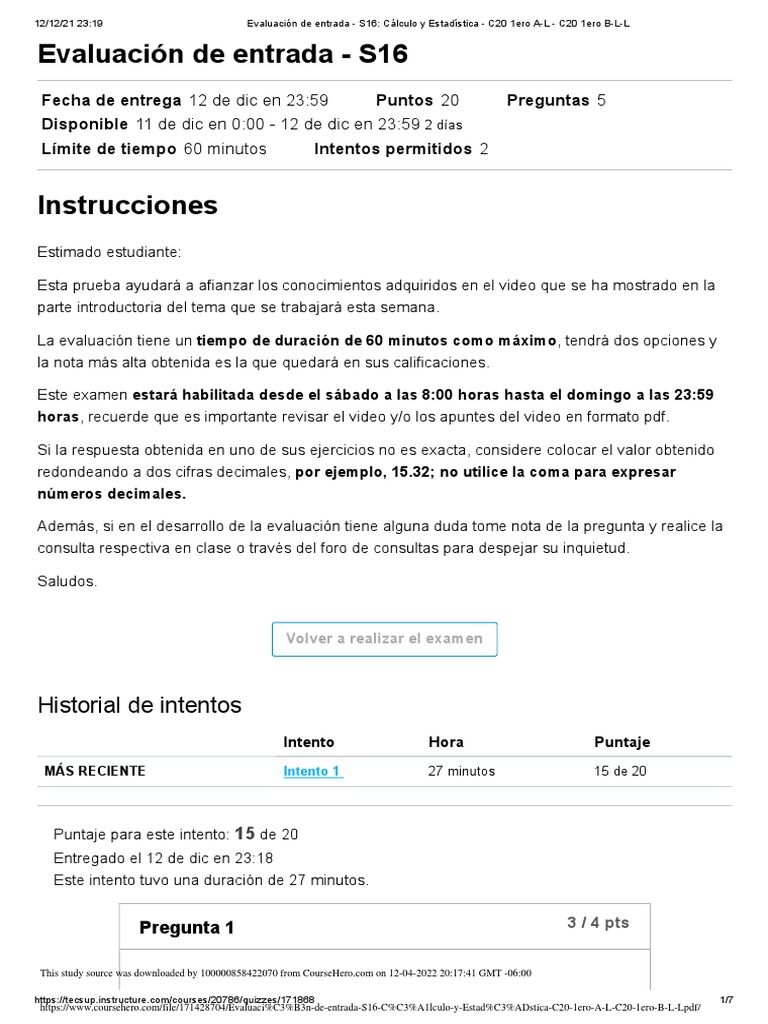 Evaluaci N de Entrada S16 C Lculo y Estad Stica C20 1ero A L C20 1ero B L L PDF | PDF | Prueba ...