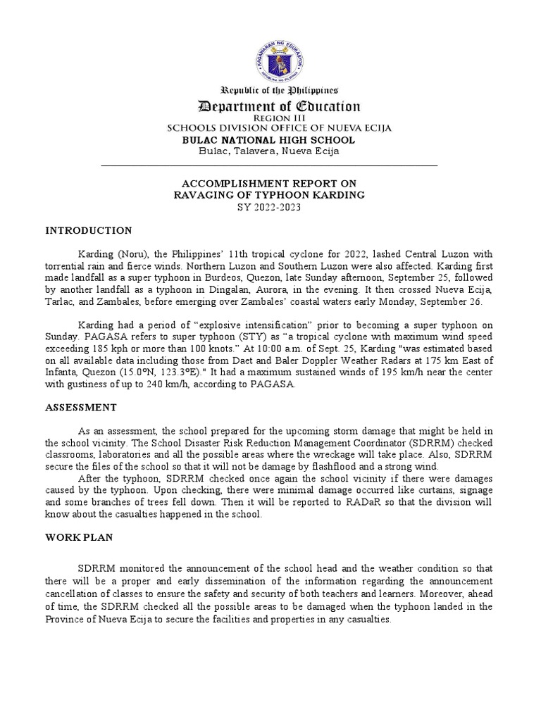 Accomplishment Report (Typhoon Karding) | PDF | Tropical Cyclones ...
