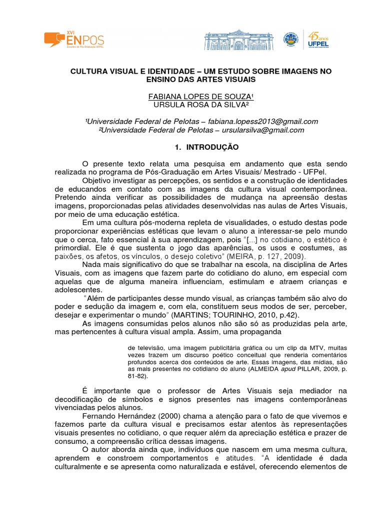 Cultura Visual e Identidade Um Estudo Sobre Imagens No Ensino Das Artes ...