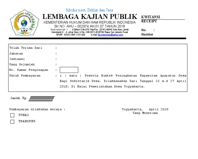 Kwitansi Bimtek Sekdes Se-Kab. Batang Hari (Kosong) | PDF