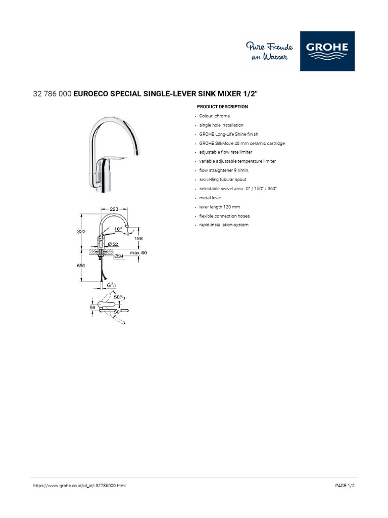 GROHE Specification Sheet 32786000 | PDF | Equipment | Manufactured Goods