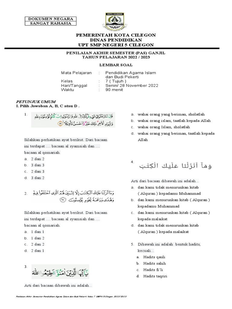 0 Soal PAI BP KELAS 7 PAS Ganjil 2022 2023 | PDF