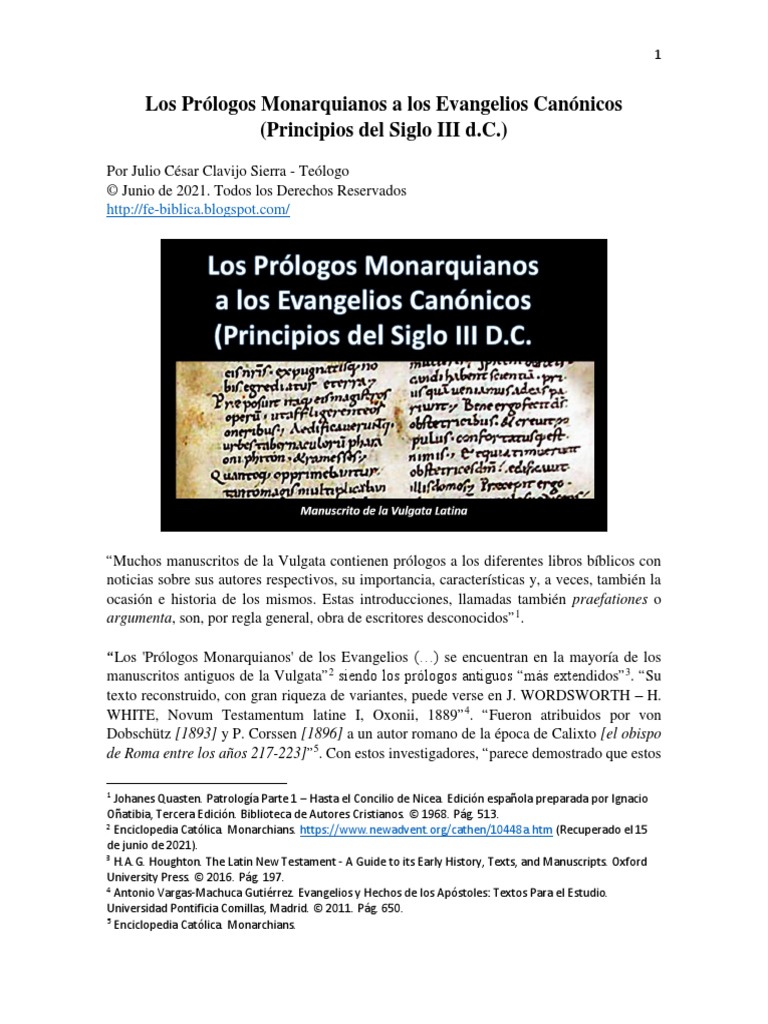 Los Prólogos Monarquianos A Los Evangelios Canónicos (Principios Del ...