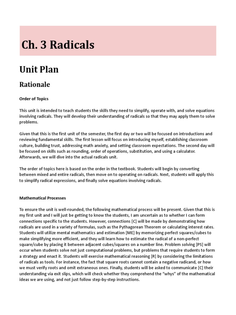 Teaching Radicals: Unit Plan Overview | PDF | Equations | Mathematics