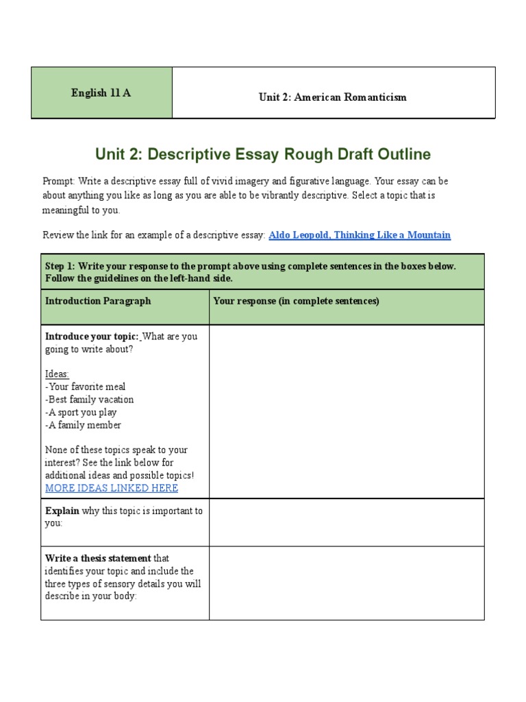 Team English - Descriptive Essay Rough Draft Outline | PDF | Essays ...