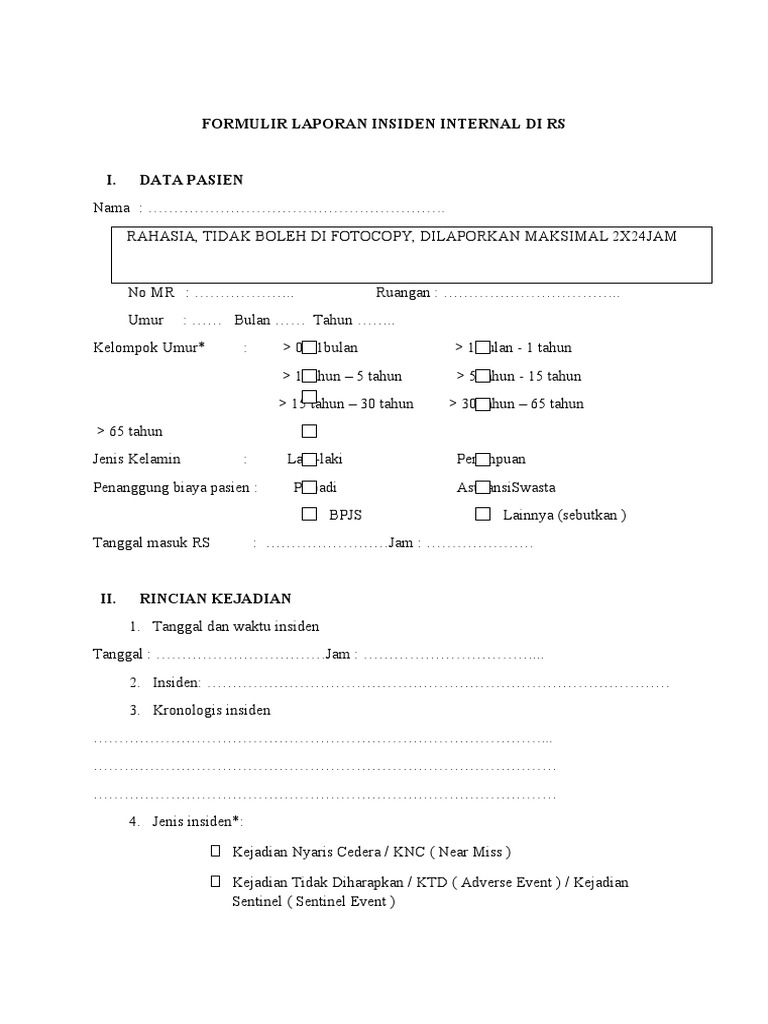 Formulir Laporan Insiden Internal Di RS | PDF