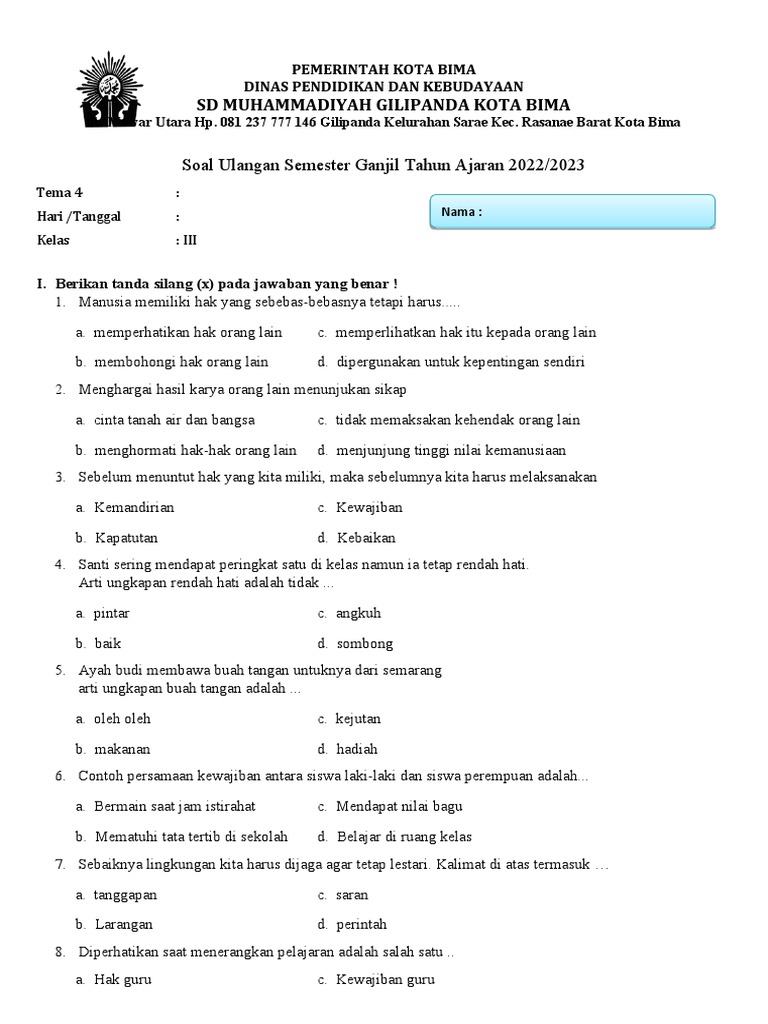 Soal PAS Tema 4 Kelas 3 THN 2022-2023 | PDF