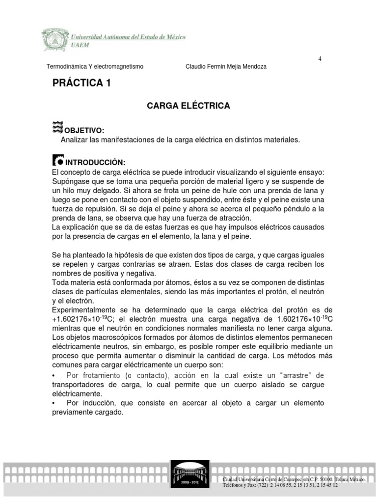 Práctica Carga Eléctrica Claudio Fermin Mejia Mendoza | PDF | Carga ...