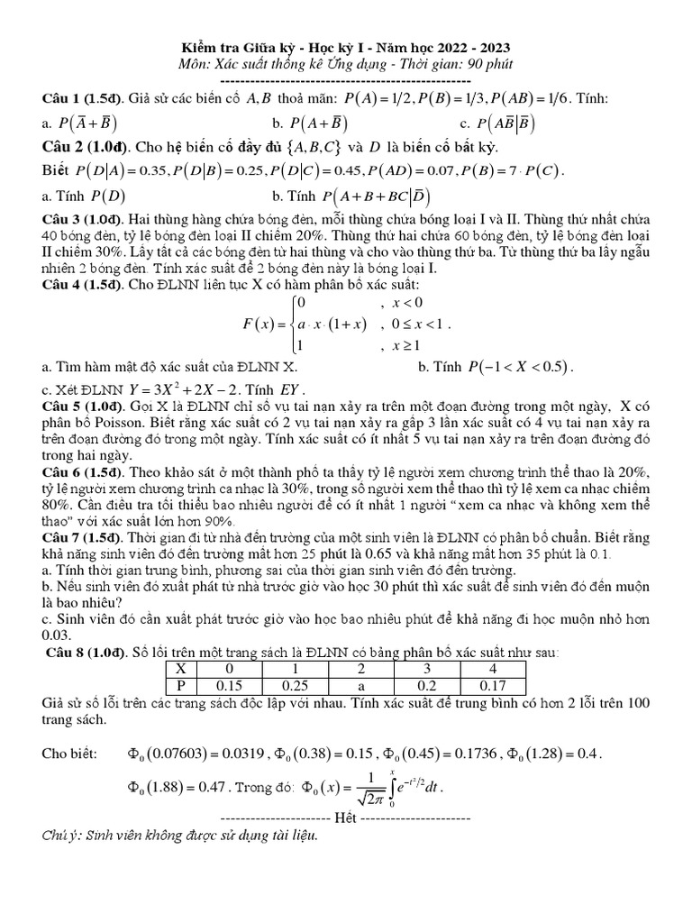 de Kiem Tra Giua Ky XSTK - 2022-2023 | PDF