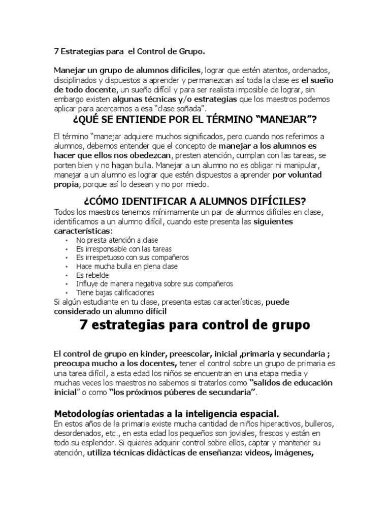 Estrategias para Control de Grupo Escolar | PDF | Educación de la ...