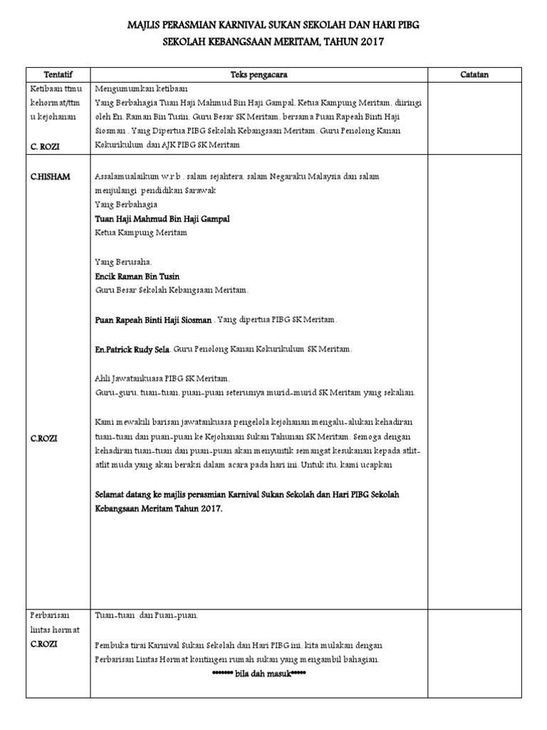 Teks MC Sukan SK Meritam Baru | PDF