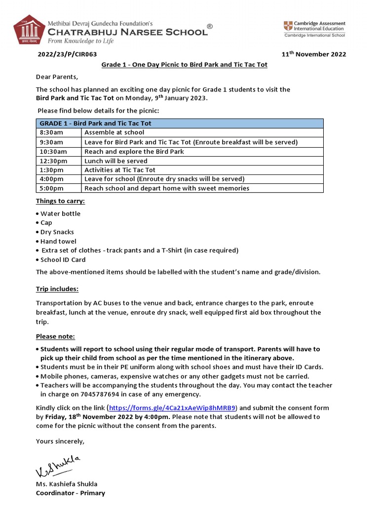 Grade 1 Picnic to Bird Park & Tic Tac Tot | PDF