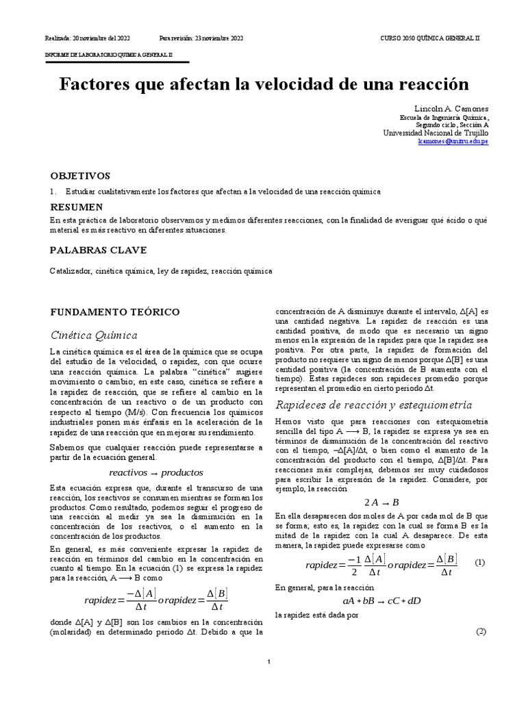 Informe Laboratorio 7 Química | PDF | Reacciones químicas | Cinética química